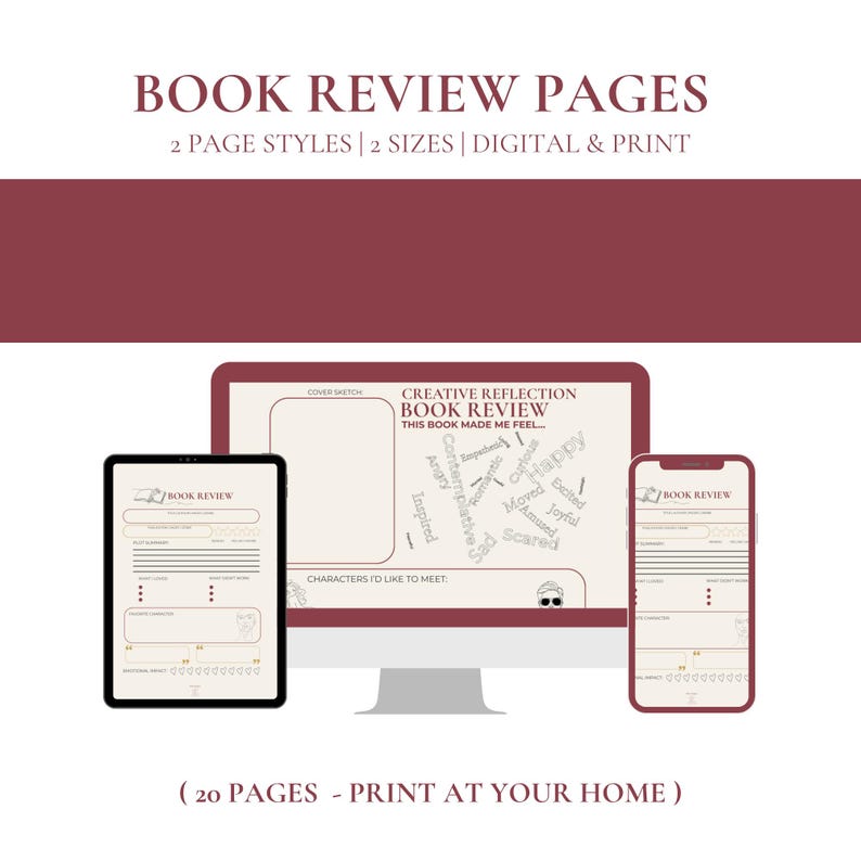 Book Review Pages Printable | Reading Journal Template (letter & A5 ...