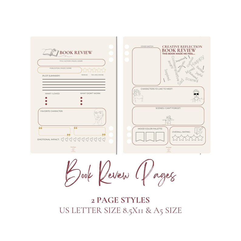 Book Review Pages Printable | Reading Journal Template (letter & A5 ...