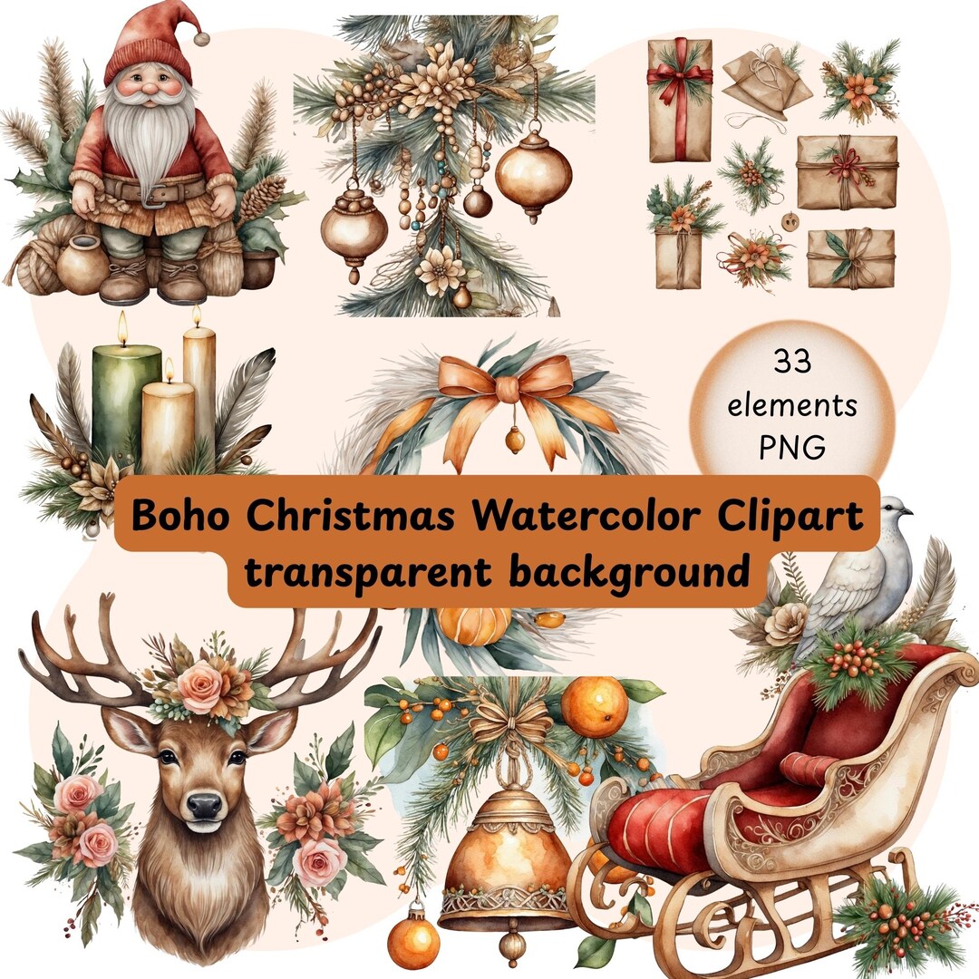 Boho Christmas Watercolor Clipart Bundle • Christmas Illustrations PNG ...