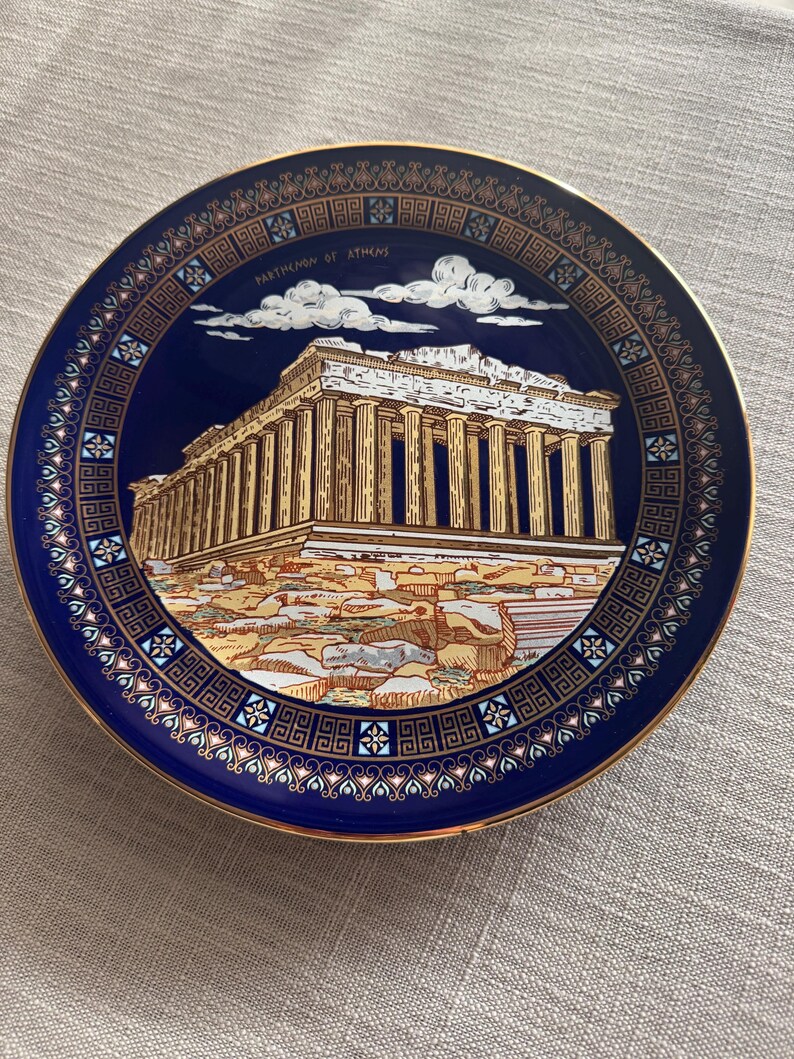 Vintage Greek Parthenon Plate 9.5 Inch, Cobalt Blue & Gold Decorative ...