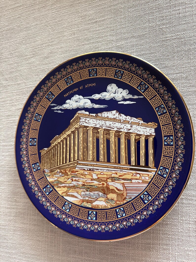 Vintage Greek Parthenon Plate 9.5 Inch, Cobalt Blue & Gold Decorative ...