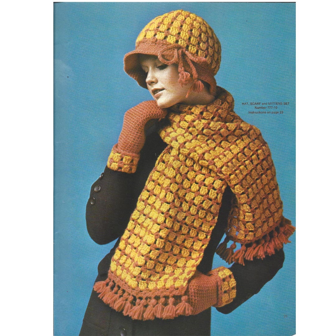 Vintage Retro 1970s Crochet Easy Winter Hat, Scarf, and Mittens Set ...
