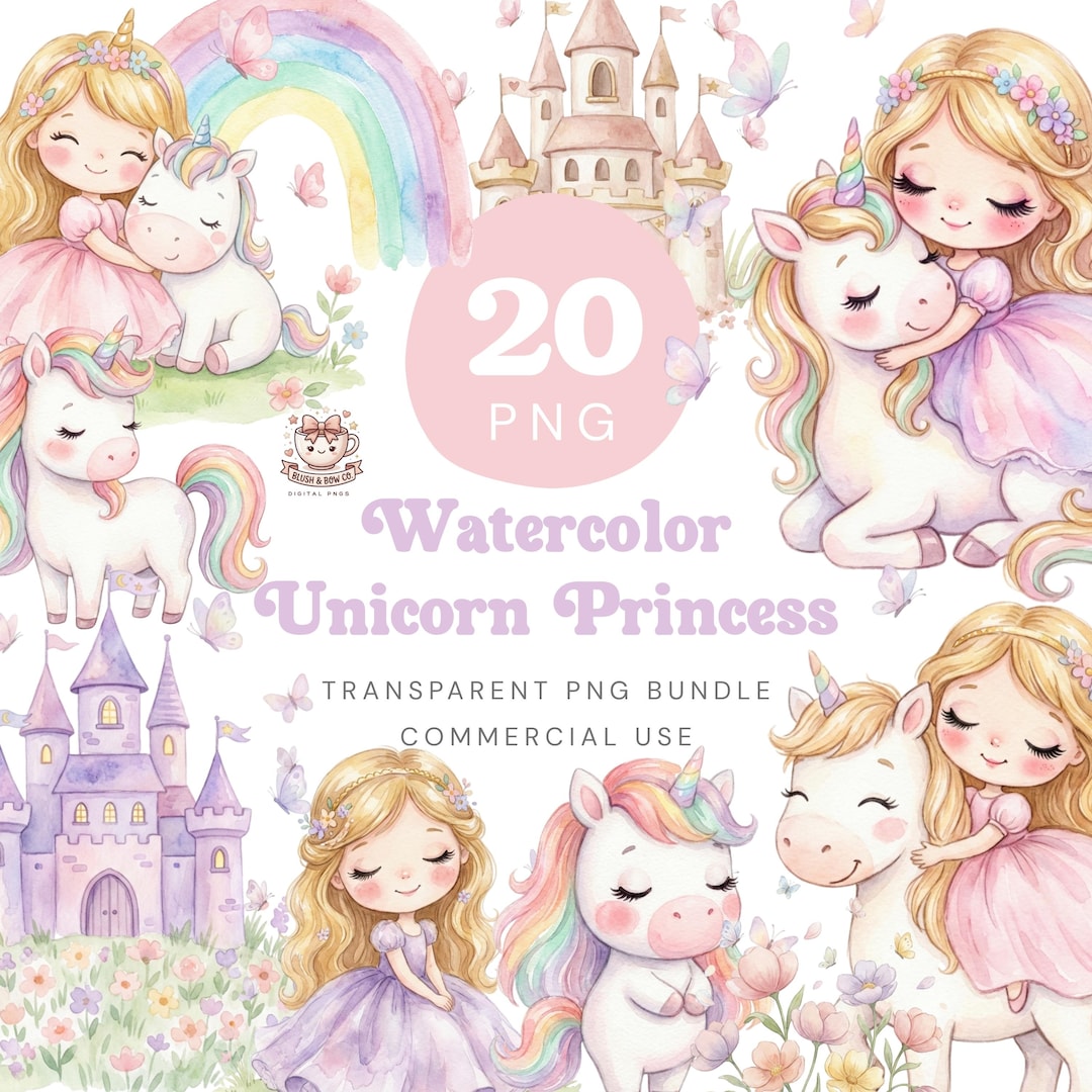 Unicorn Princess Watercolor PNG Bundle, Castles Flowers Butterflies ...
