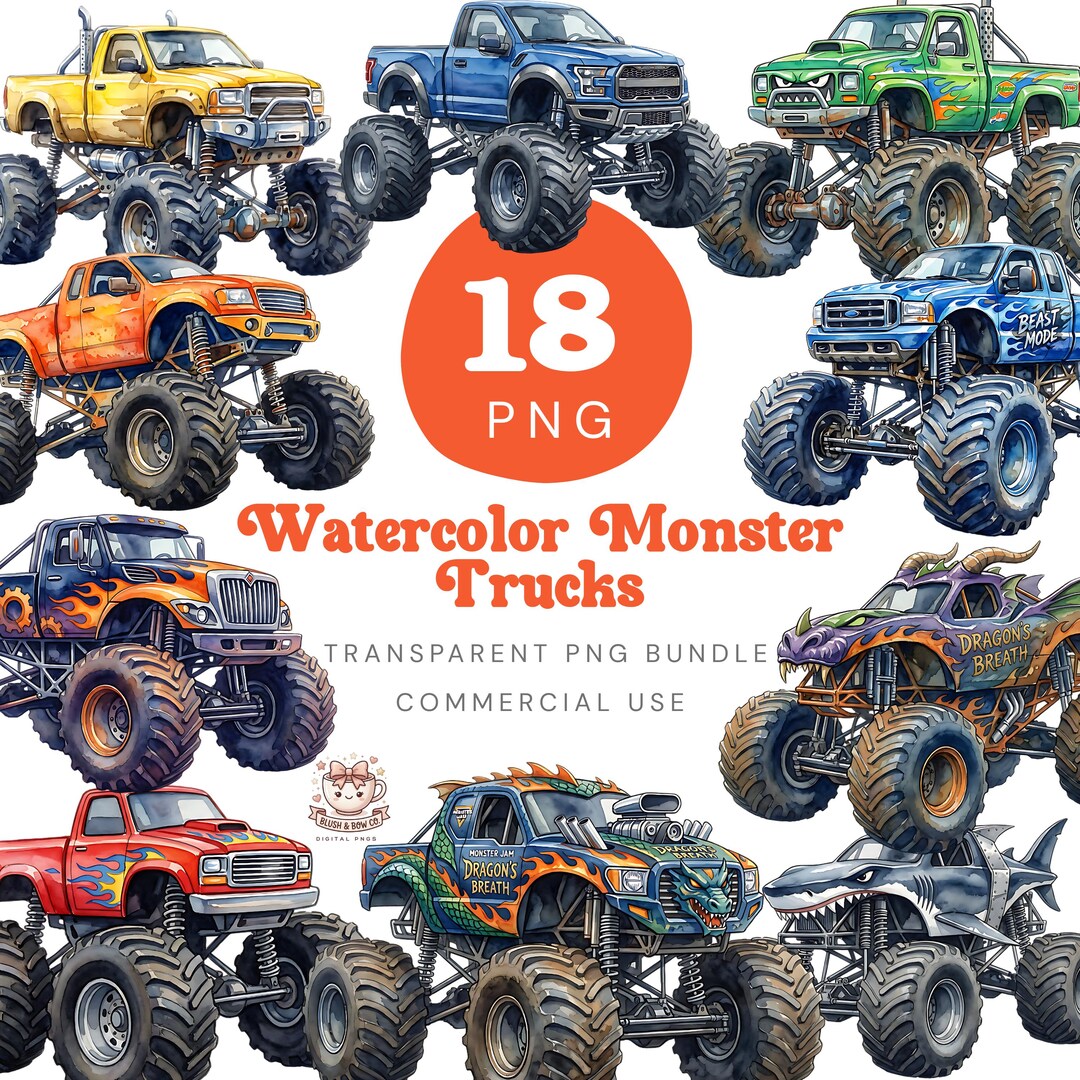 Watercolor Monster Truck Clipart Bundle, Extreme off Road Vehicle PNG ...