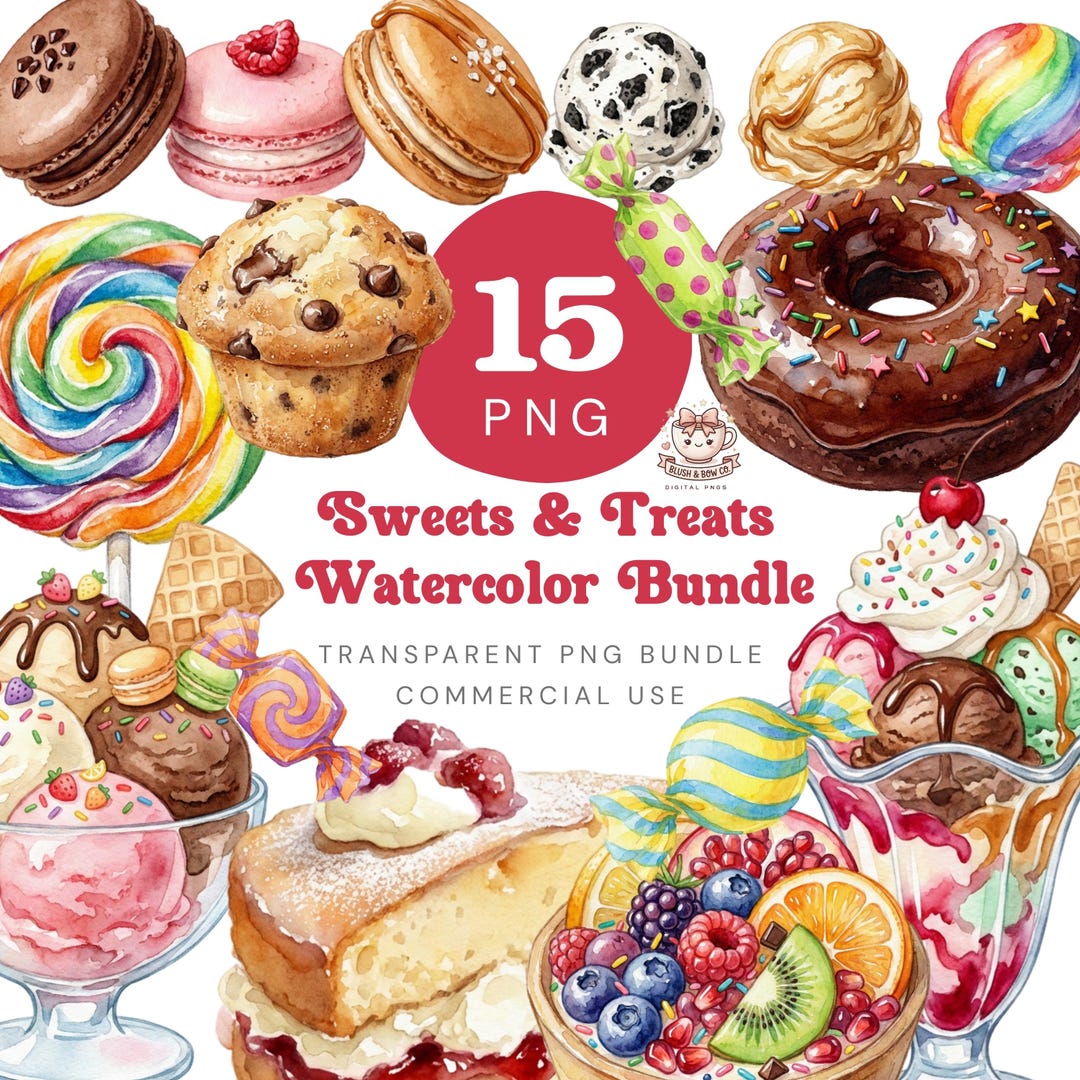 Sweets and Treats PNG Watercolor Bundle, Ice Cream Donuts Candy Cake ...
