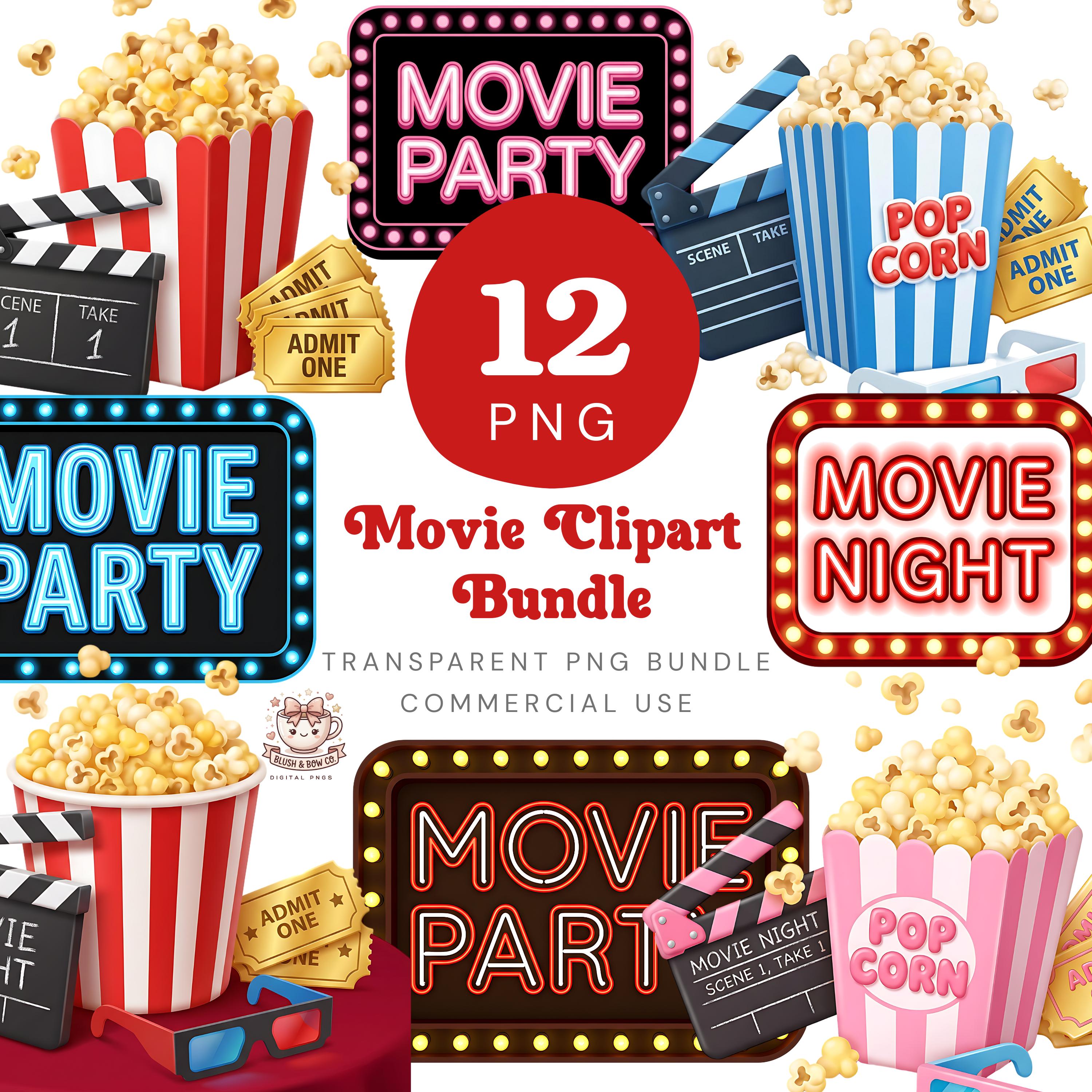 Movie Night Party Clipart Bundle, Popcorn Cinema Tickets Party Theme ...