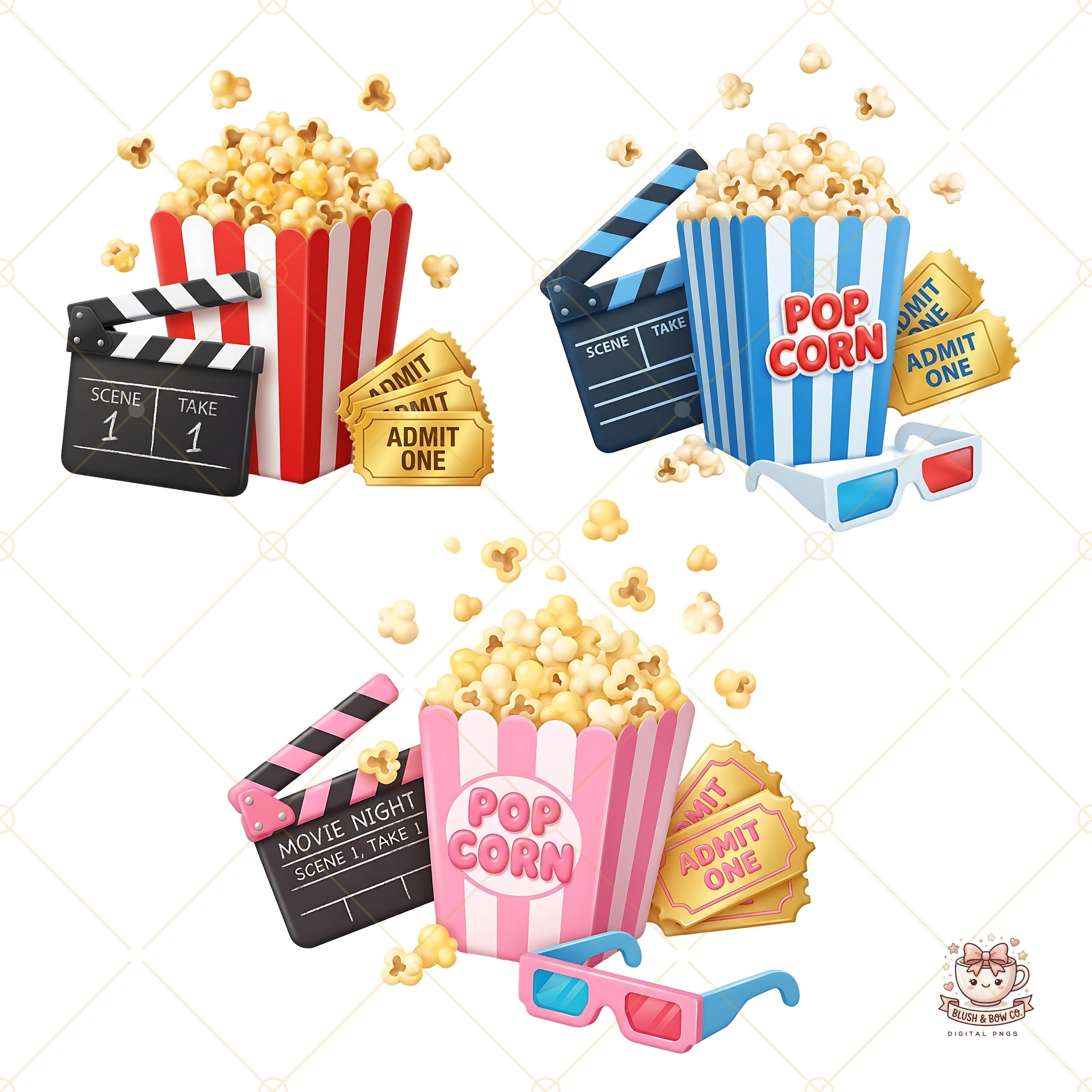 Movie Night Party Clipart Bundle, Popcorn Cinema Tickets Party Theme ...