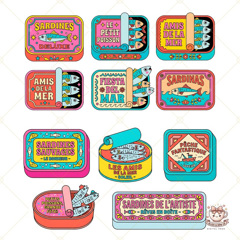 Sardines Clipart Bundle, Retro Fish in Can PNG, Tinned Mermaids Clipart ...