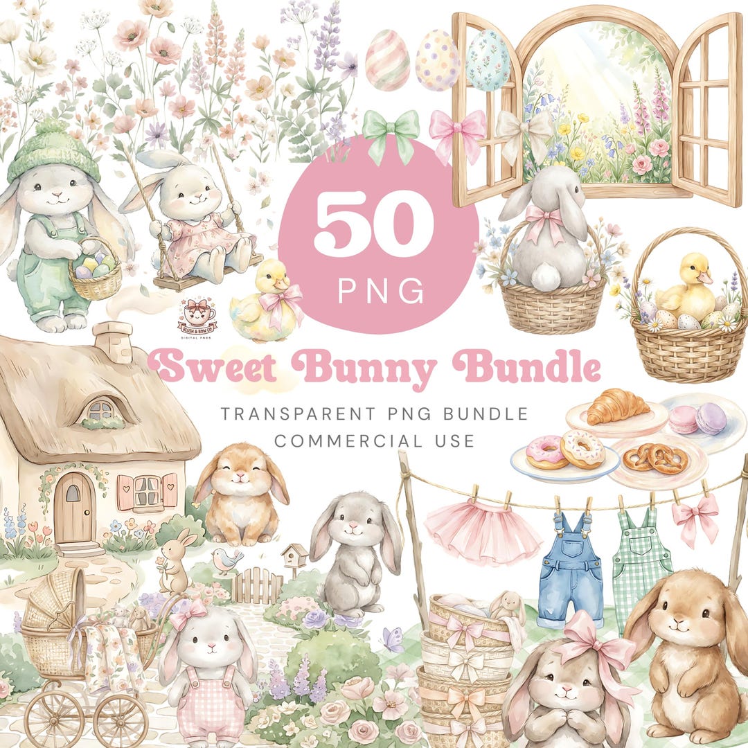 Easter Rabbits PNG, Cottagecore Bunnies, Watercolor Bunny Clipart ...