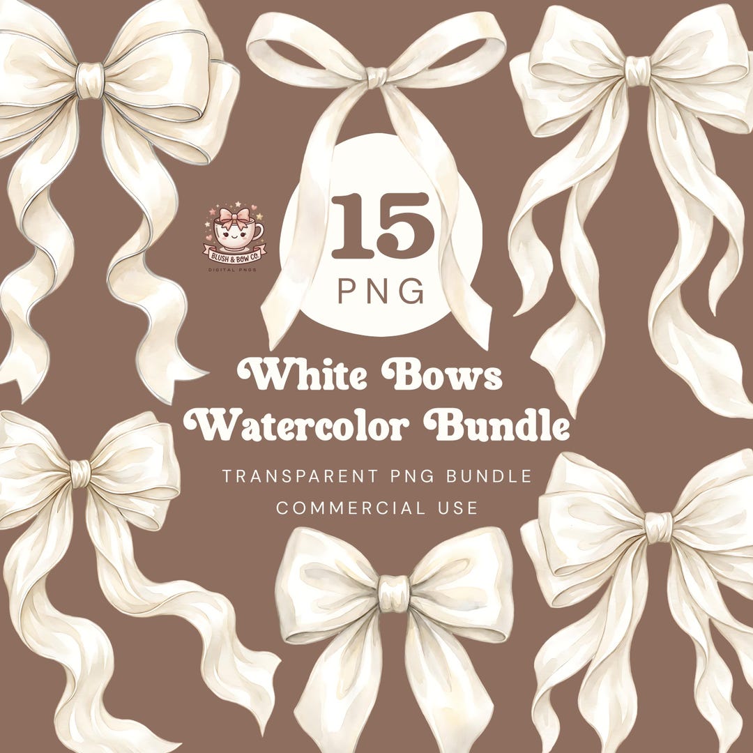 White Watercolor Bows PNG Bundle, White Ribbons Clipart, Digital ...