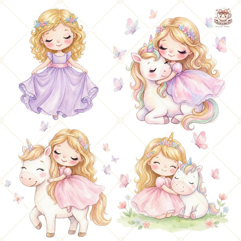 Unicorn Princess Watercolor PNG Bundle, Castles Flowers Butterflies ...