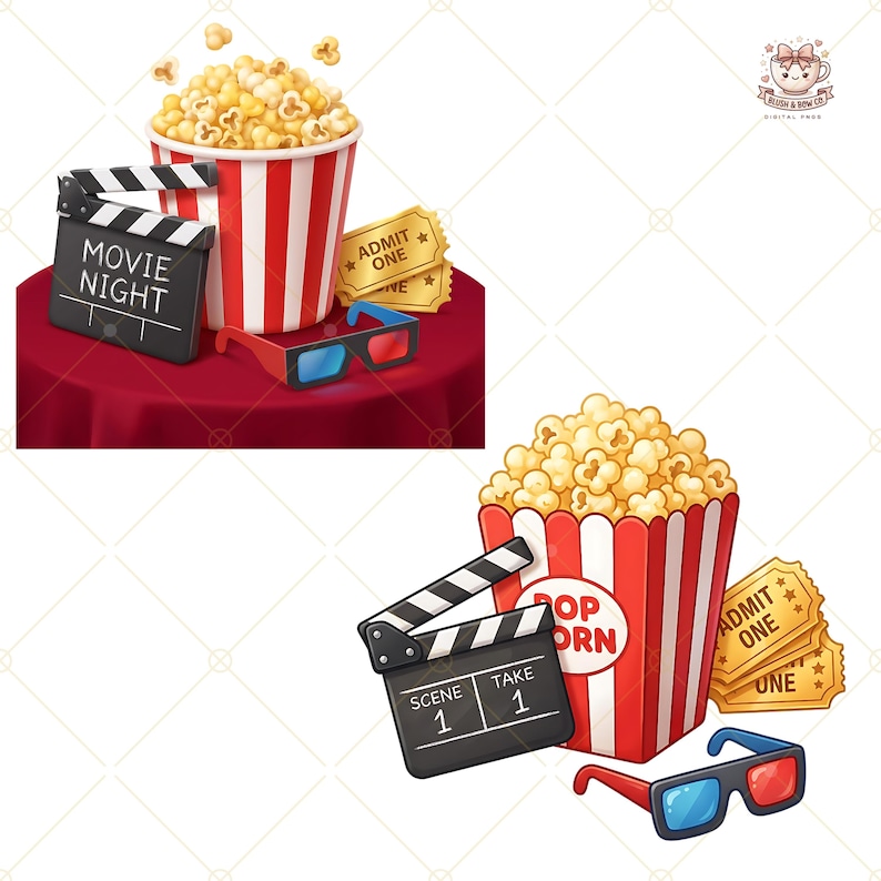 Movie Night Party Clipart Bundle, Popcorn Cinema Tickets Party Theme ...
