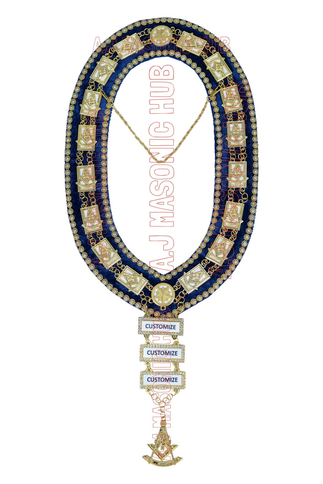 Past Master Masonic Chain Collar Blue Velvet With Rhinestone Gold Bars ...