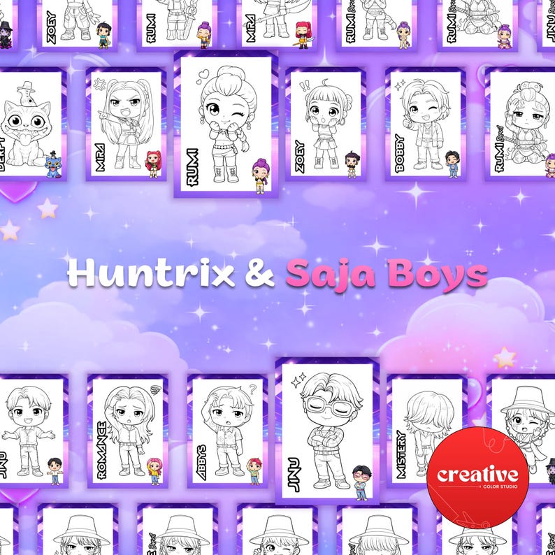 Huntrix Coloring Pages | K-pop Demon Hunters Coloring Book | Chibi ...