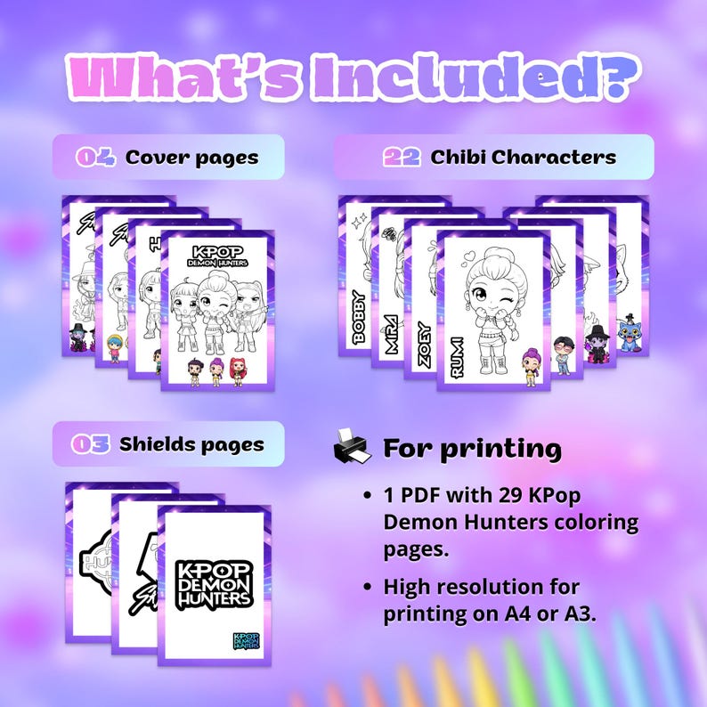 Huntrix Coloring Pages | K-pop Demon Hunters Coloring Book | Chibi ...