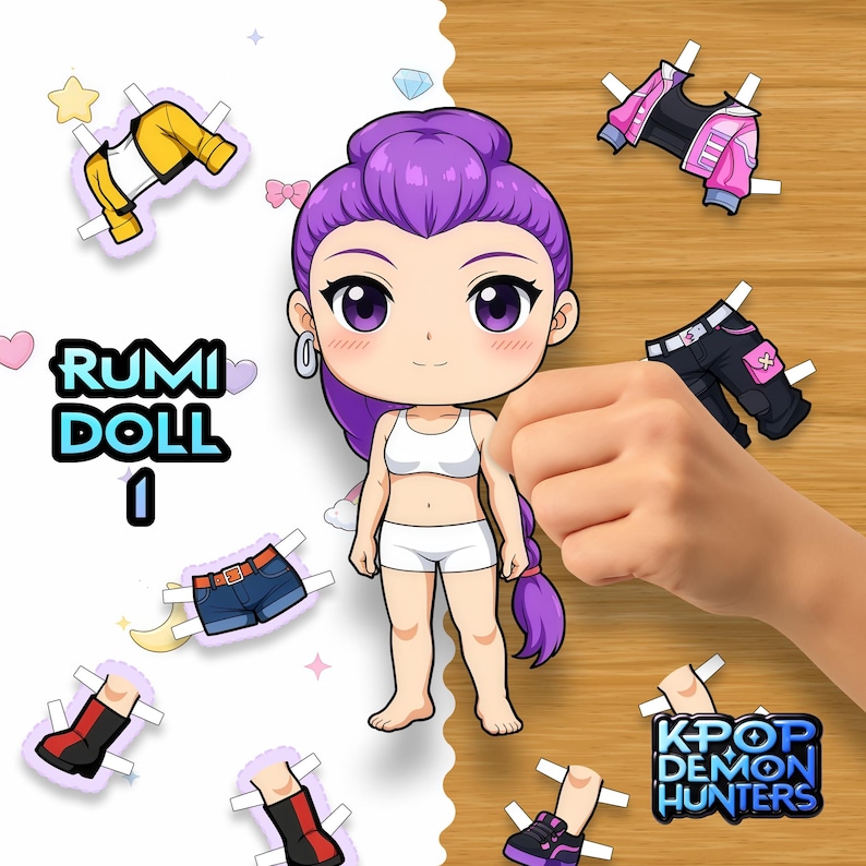 Kpop Demon Hunters Paper Doll | Rumi Huntrix Barbie Dolls | Chibi Cut ...