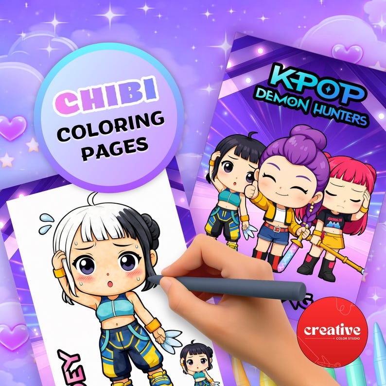 Huntrix Coloring Pages | K-pop Demon Hunters Coloring Book | Chibi ...