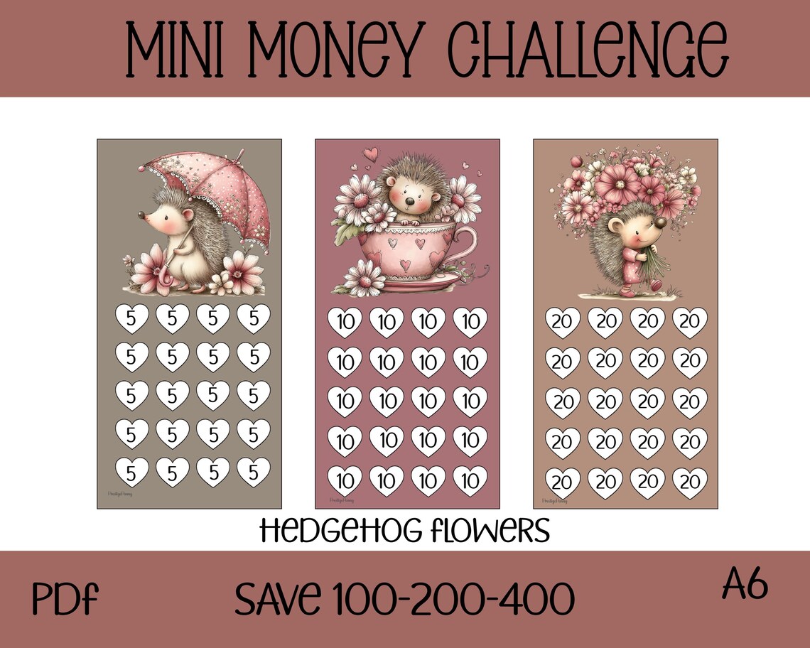 Mini Money Challenge Hedgehog Flowers Savings Printable A6 Cash ...