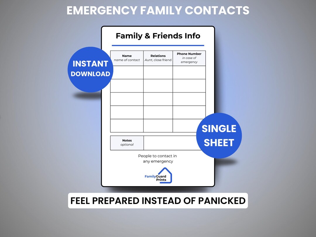 Contacts Family Information Sheet | Emergency Binder Planner ...