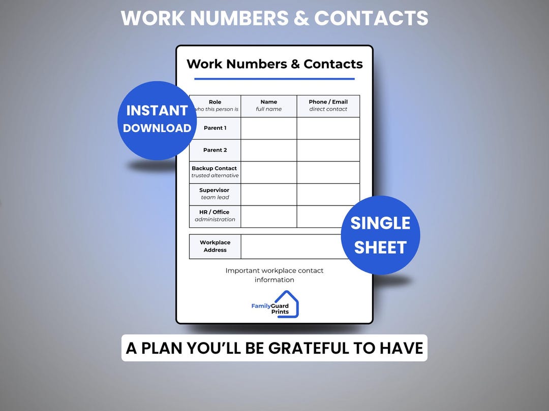Work Numbers and Contacts Sheet | Emergency Binder Planner | Printable ...