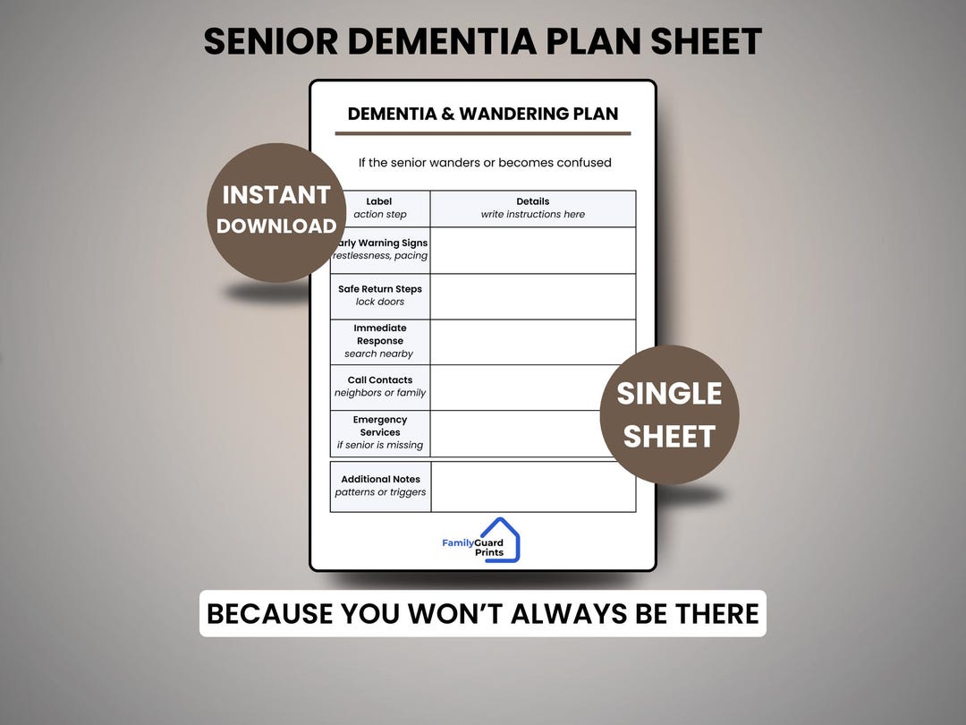 Senior Dementia Plan Sheet | Emergency Binder | Printable PDF | Elderly ...