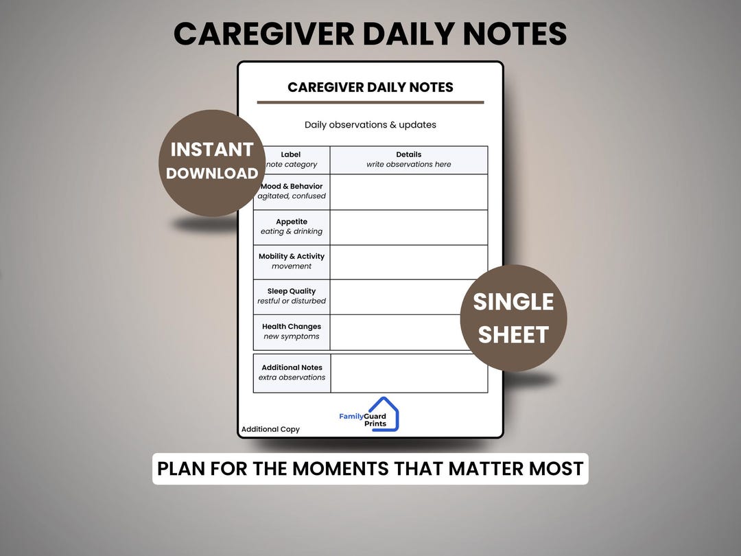 Senior Caregiver Daily Notes | Emergency Binder | Printable PDF ...