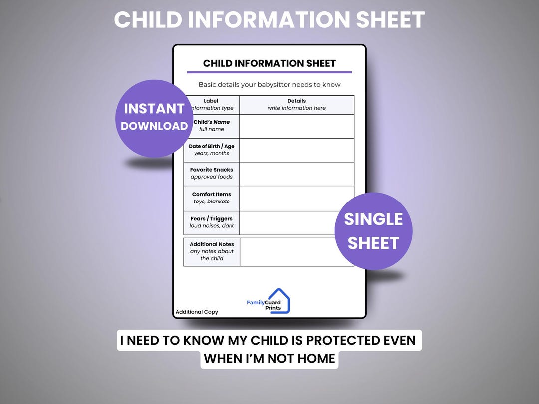 Emergency Child Information Sheet | Emergencies for Childrens ...