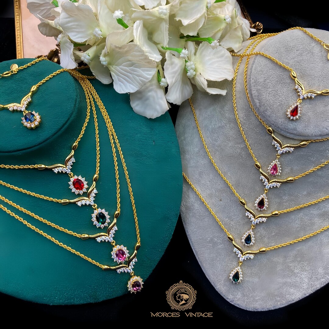 Italian Style 14K Gold-plated Colored Gemstone Diamond Necklace - Pear ...