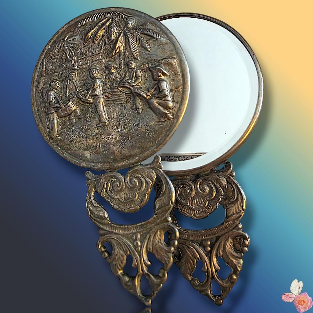 Vintage Repousse Hand Mirror | Tropical Village Scene, Mid-century ...