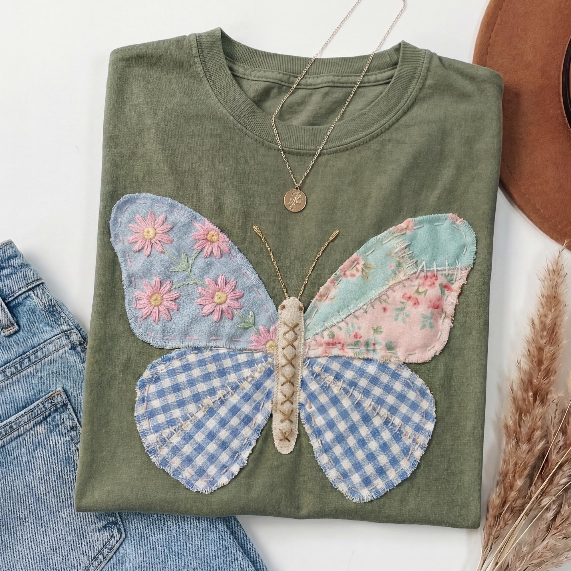 Spring Butterfly Shirt, Floral Faux Patchwork Tee, Womens Easter Shirt ...