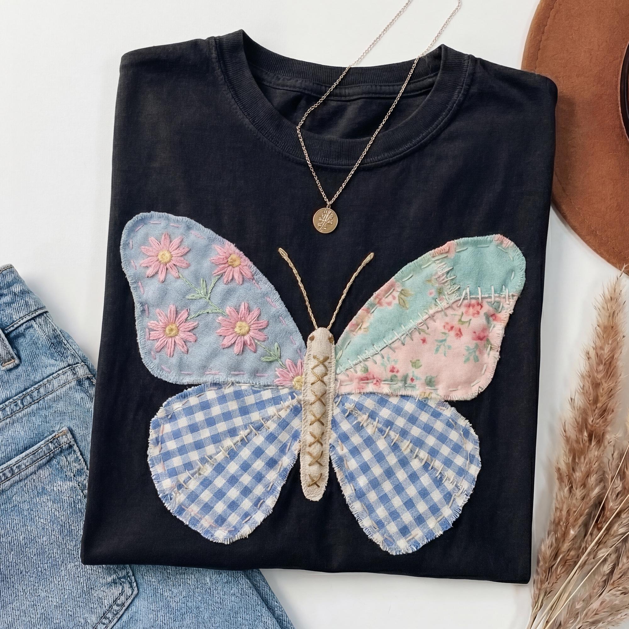 Spring Butterfly Shirt, Floral Faux Patchwork Tee, Womens Easter Shirt ...