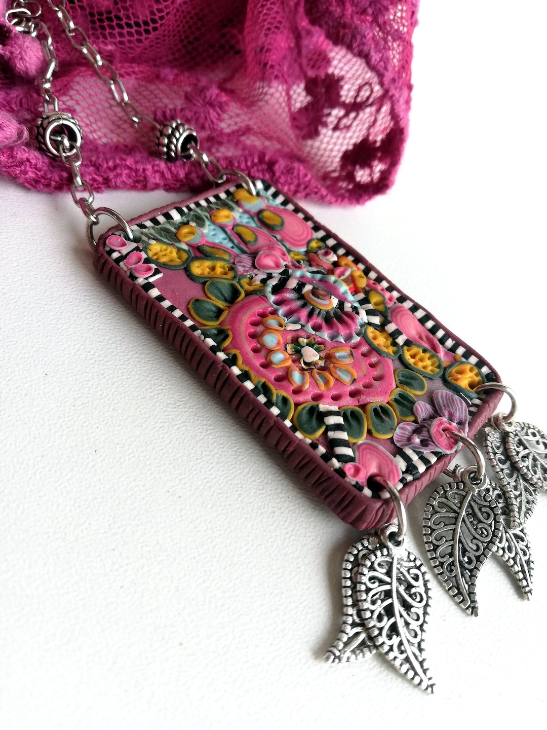 Polymerclay Pendant Art Pendant Fimo Necklace Handmade Pendant Floral ...