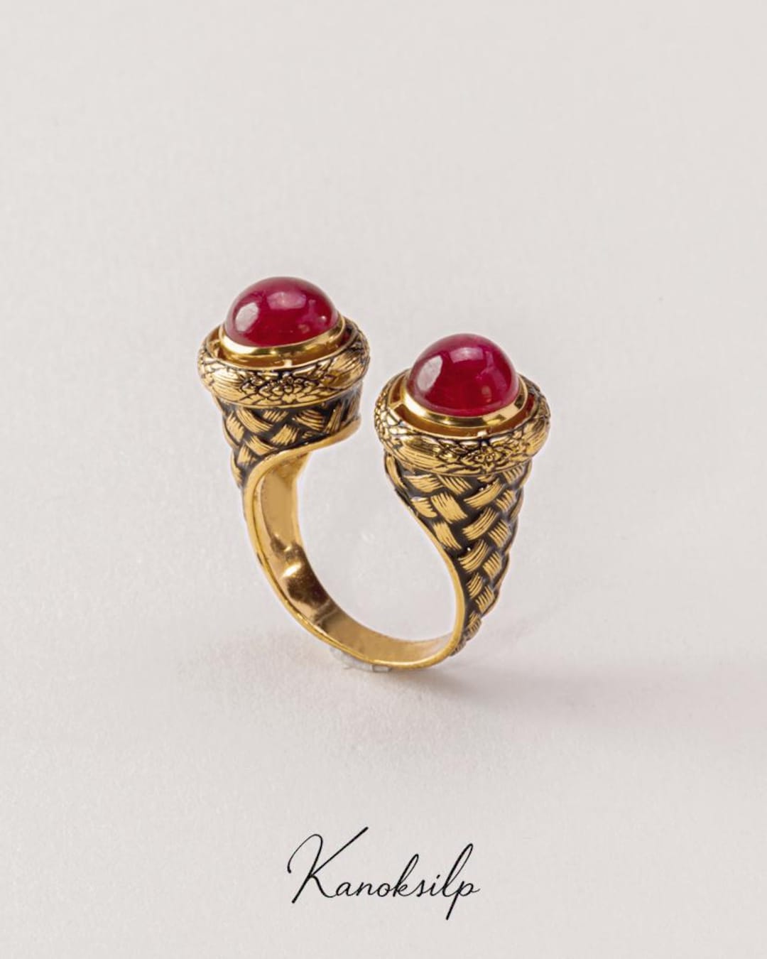 Handmade Double Gemstone Ring, Gold Plating 925 Silver Interlace ...