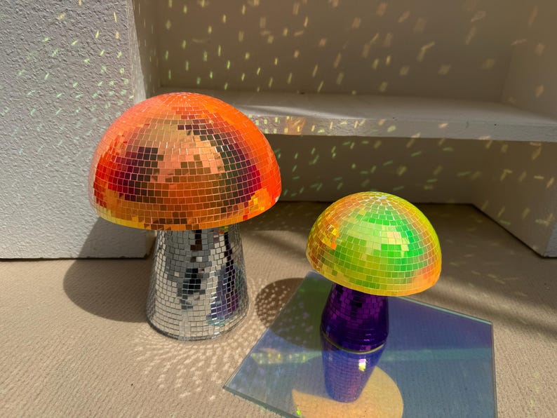 Handcrafted Rainbow Mosaic Mushroom Decor Set, Iridescent Fairycore ...