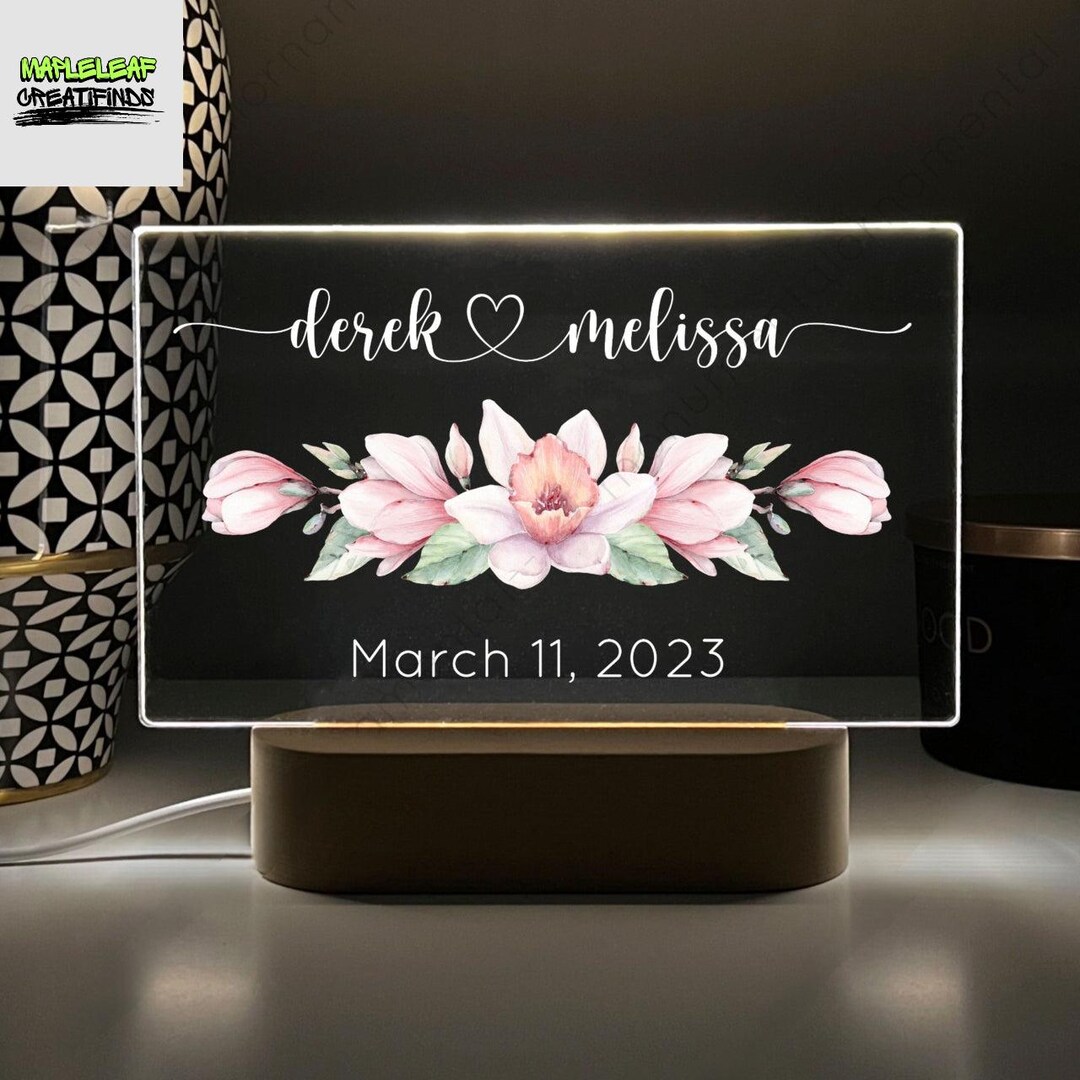 Personalized Couple Acrylic Lamp, Custom Floral LED Night Light ...