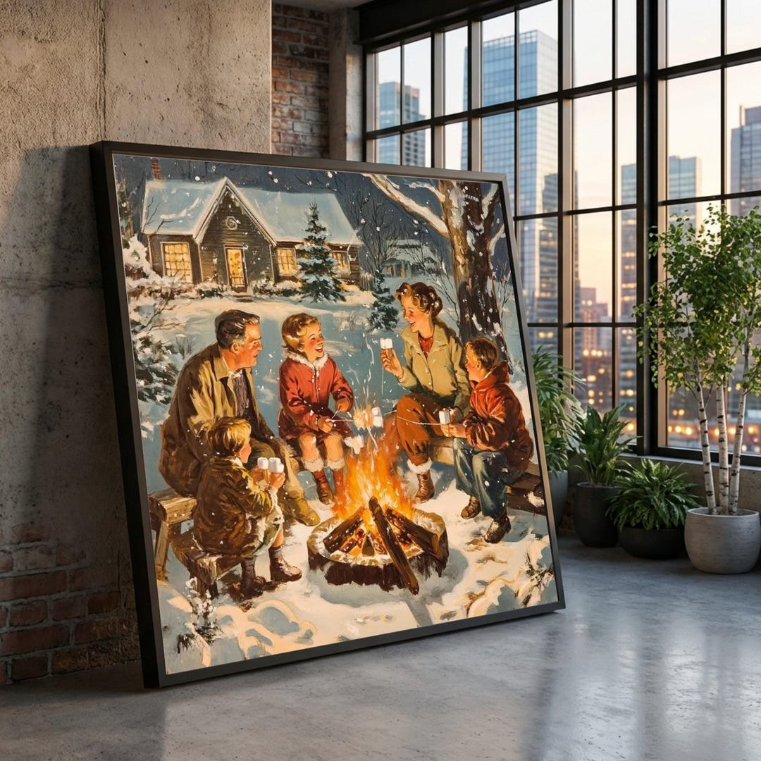 Winter Campfire Canvas Print, Family Marshmallow Roast, Holiday Home ...