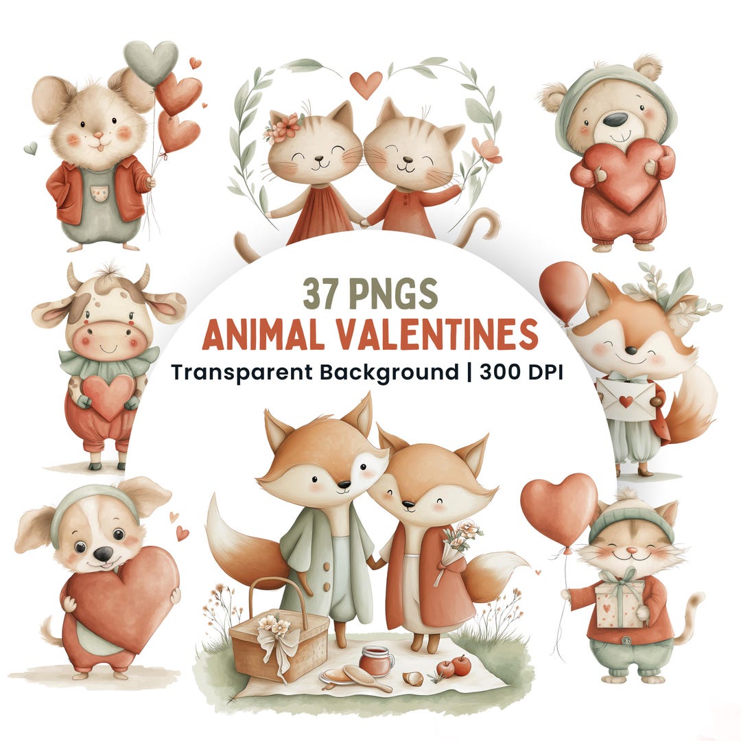Animal Valentines Clipart PNG Bundle, Cute Valentine Animals ...