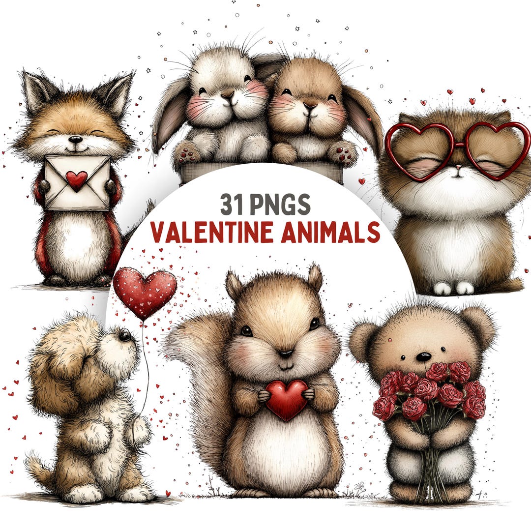 Whimsical Valentine Animals Clipart Bundle, Romantic Animal ...