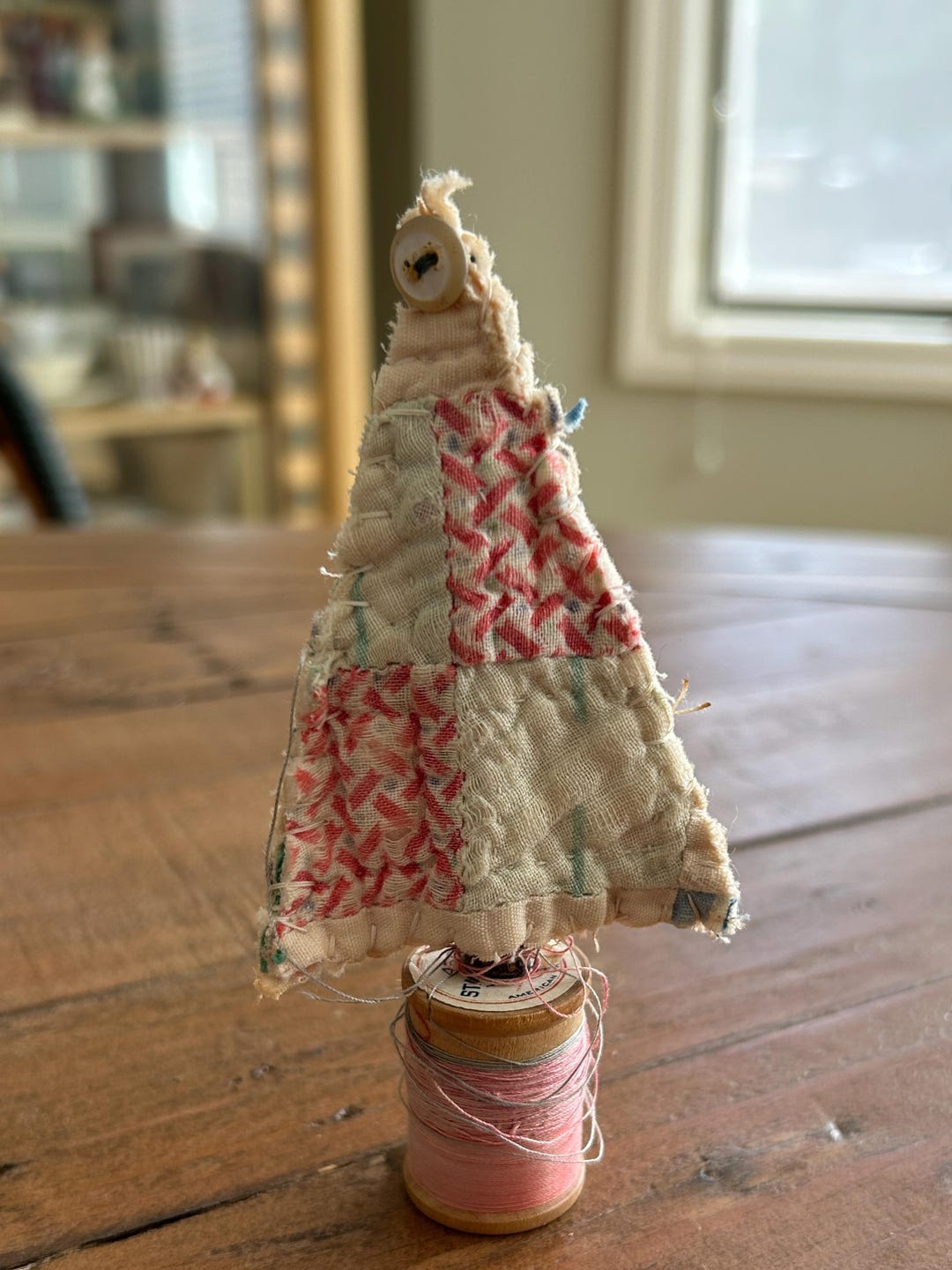 Vintage Quilt Christmas Tree Figurine, Vintage Spool, Feed Sack Tree ...