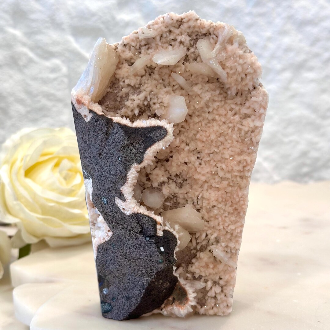 Peach Stilbite & Chalcedony Mineral Slab With White Crystal Blades ...
