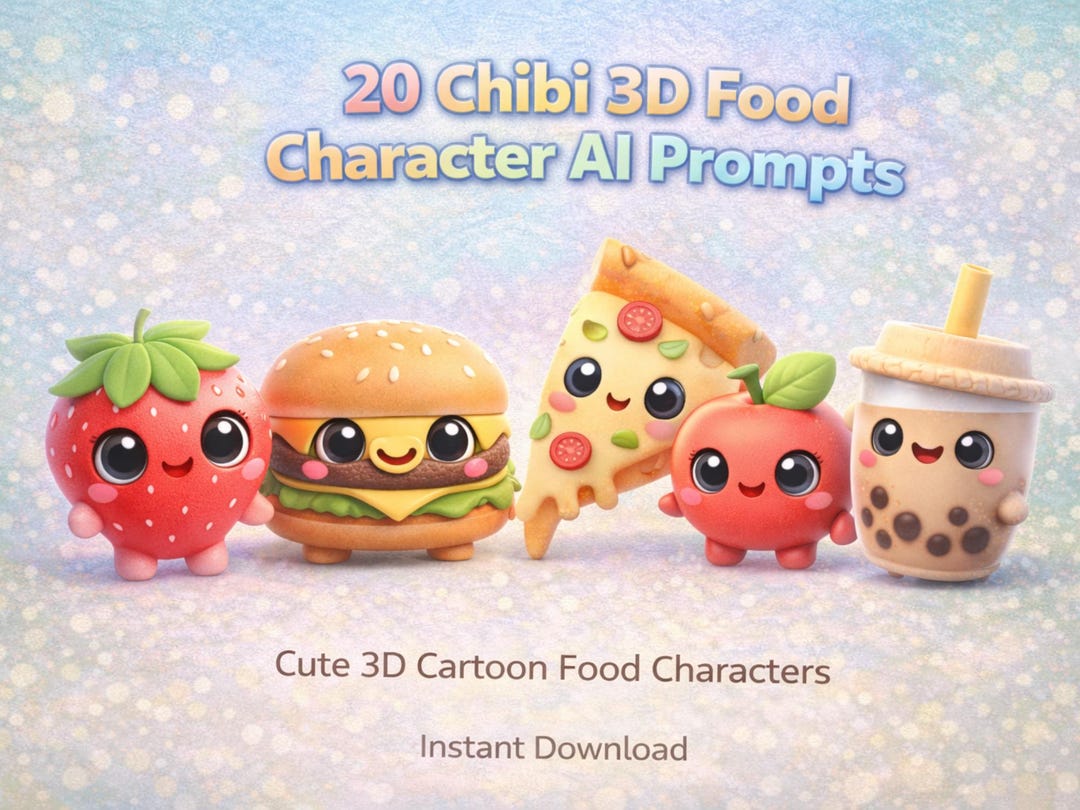 20 Chibi 3D Food Character AI Prompts | Cute Cartoon Food | Instant ...