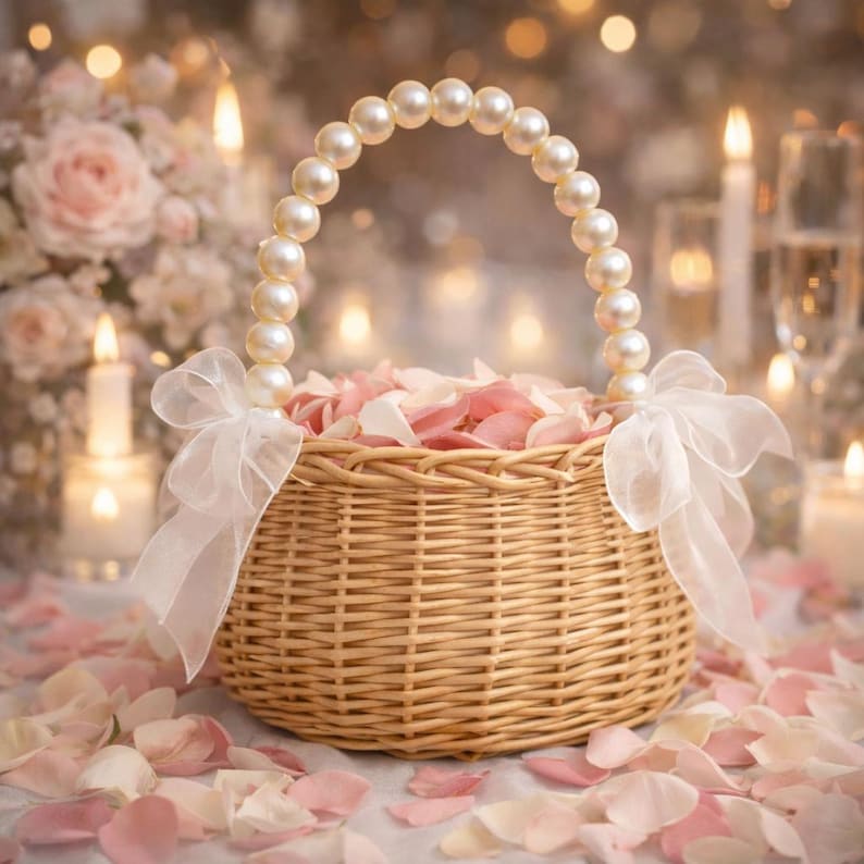 Boho Wicker Flower Girl Basket, Pearl Handle Wedding Petal Basket - Etsy