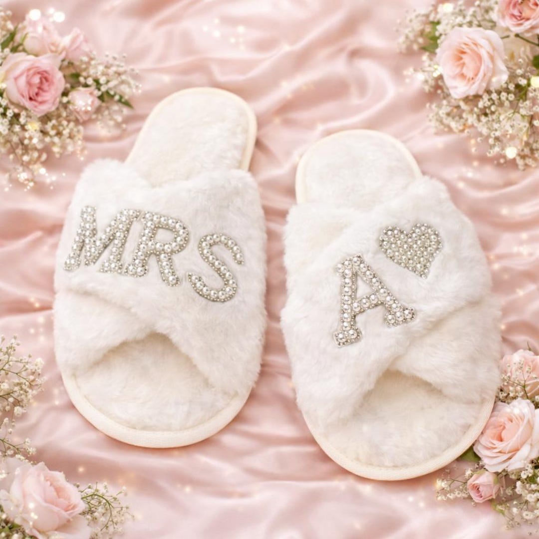 Personalized Bridal Slippers White, Bride Slippers, Custom Wedding ...