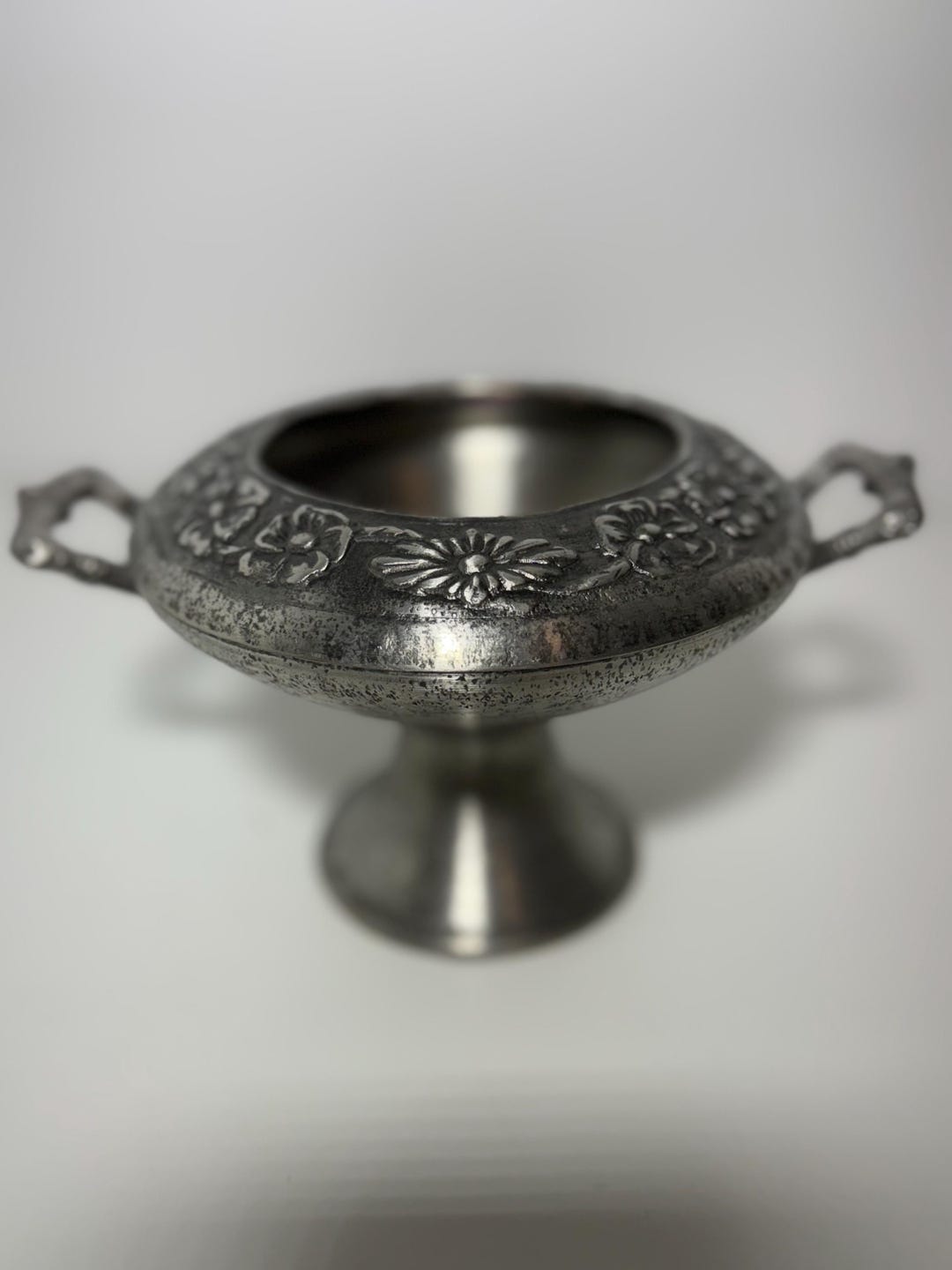 Vintage Pewter Pedestal Bowl – Floral Repoussé, West German Compote - Etsy