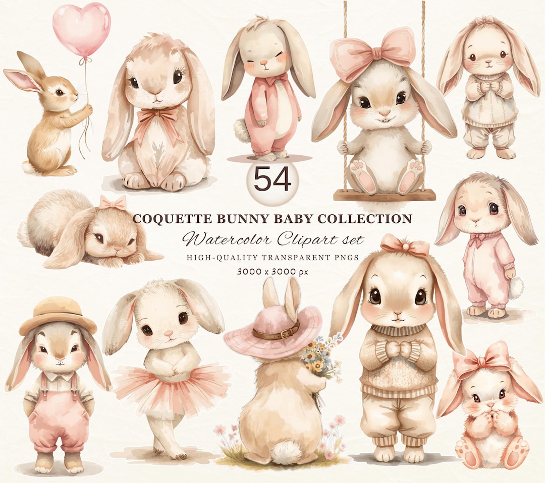 Watercolor Bunny Clipart, Spring Clipart, Cute Easter Rabbits PNG, Pink ...