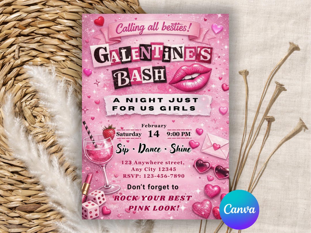 Glitter Pink Galentines Invitation, Hot Pink Besties Night Out Flyer ...