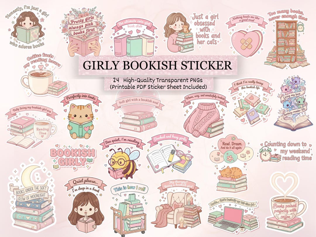 Bookish Girlie Sticker, Cute Bookish PNG Bundle, Bookish Quotes Saying ...