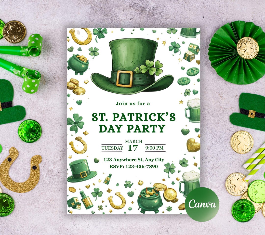St. Patrick’s Day Party Invitation, Shamrocks Lucky Invite, Gold Coins ...