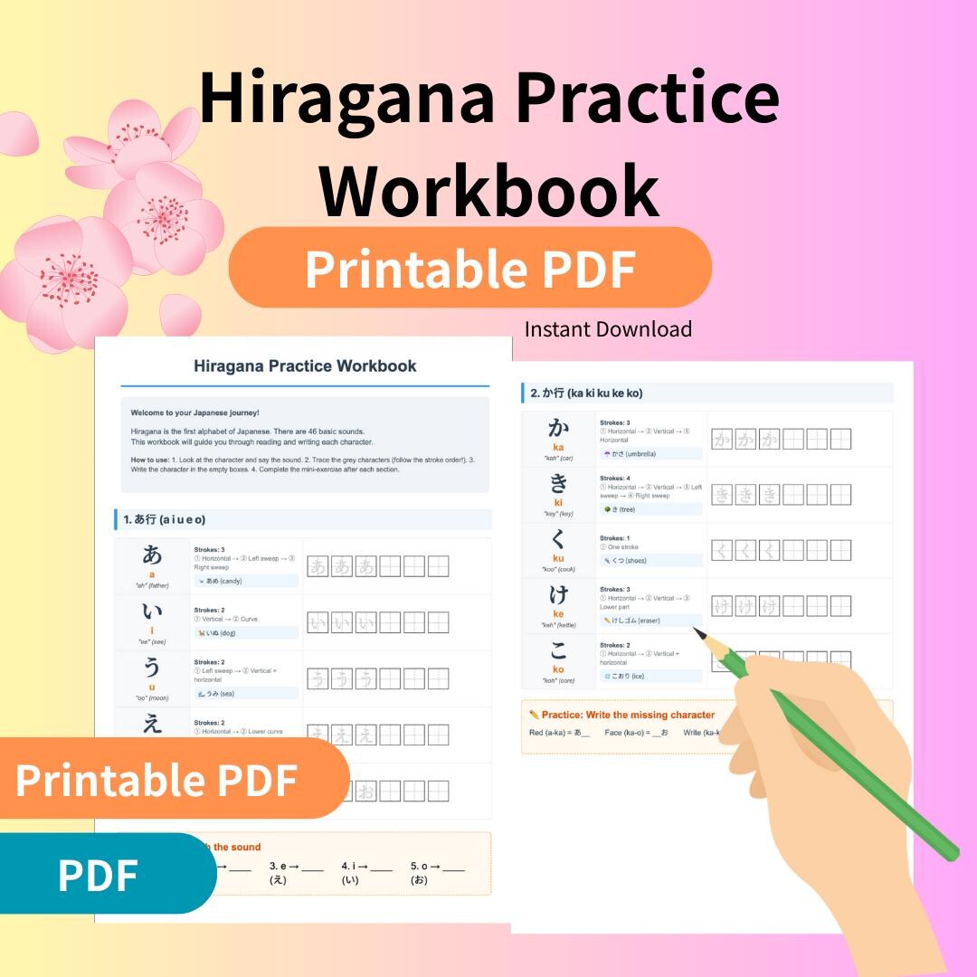 Hiragana Practice Workbook | Japanese Writing Worksheets PDF | Learn ...
