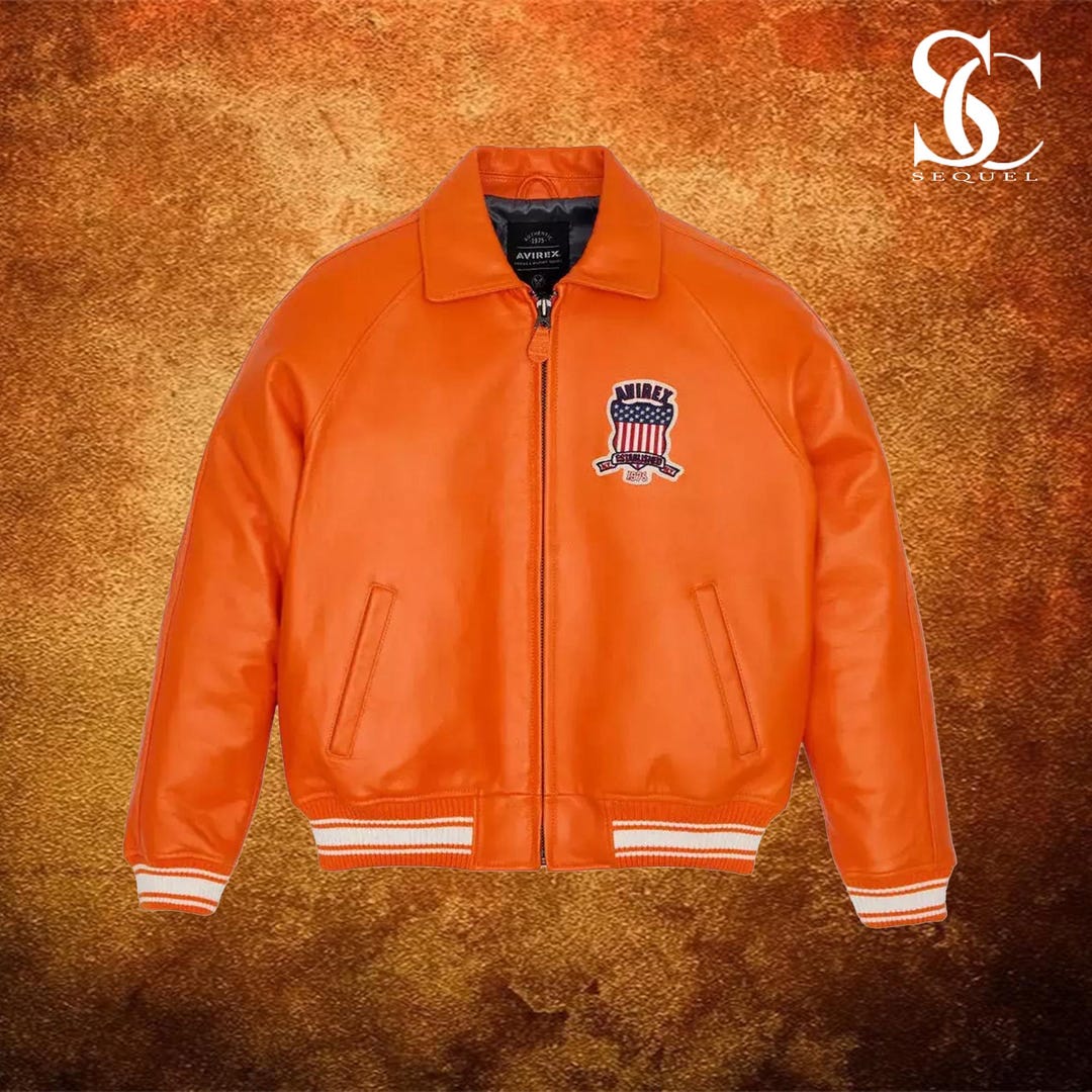 Men's Orange Leather Avirex Bomber Jacket, Vintage Varsity Style - Etsy